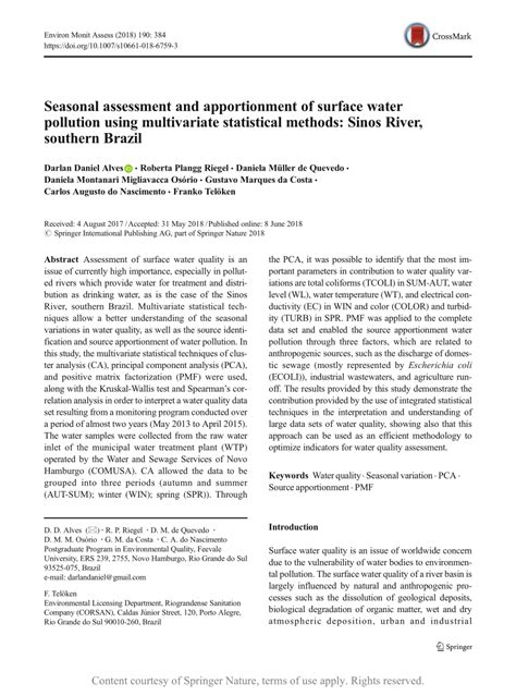 Seasonal Assessment And Apportionment Of Surface Water Pollution Using Multivariate Statistical