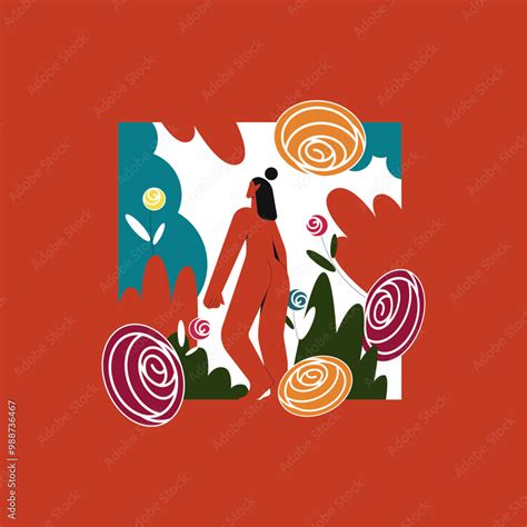 Naked Woman Barefoot Walking In Nature With Flower Bud Vector Illustration Nude Girl As Natural