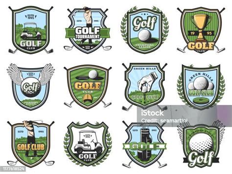 골프 스포츠 공 클럽과 골퍼 트로피 티 골프에 대한 스톡 벡터 아트 및 기타 이미지 골프 문장 방패 Istock
