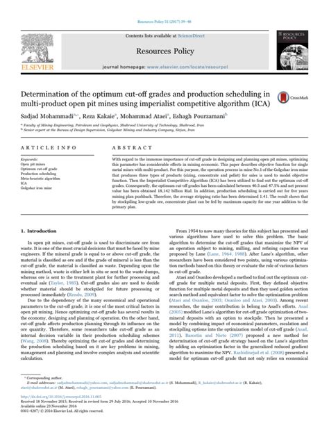 Determination Of The Optimum Cut Off Grades And Production Scheduling Pdf Mathematical