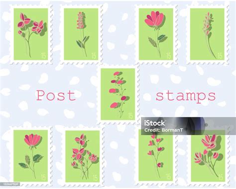 벡터 큰 세트 9 Ps 손 그린 녹색 포스트 스탬프 현대 벡터 절연 포스트 스탬프 디자인 벡터 일러스트 홈 식물 흑백 스탬프를 게시합니다 메일 및 우체국 개념 드로잉 0명에