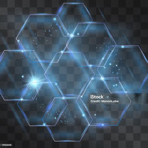 투명 한 배경에 차가운 플레어와 흐릿한 조명 유리 육각형 네온 블루 벌집 클러스터 현대 하이테크 스타일 벡터 기하학적 배경입니다 크리스탈 미래 지향적 인 구조 육각형에 대한