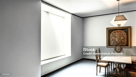 빈 방 내부 배경 자연 채광 복사 공간이 있는 현대적이고 미니멀한 스타일의 거실 내부 예술 작품 사진 그림 또는 프레젠테이션을 위한 벽에 프레임 모형 0명에 대한 스톡 사진