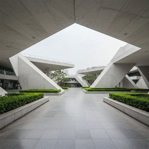 Modern Architectural Structure Featuring Large Concrete Beams And Angular Forms Stock