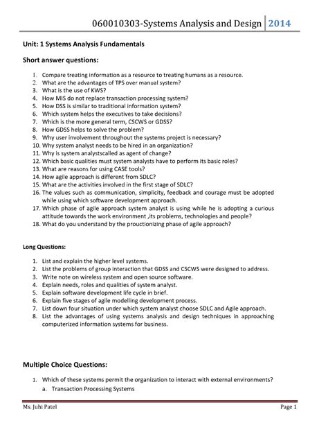 System Analysis And Design Short And Long Questions For Quiz Unit 1 Systems Analysis