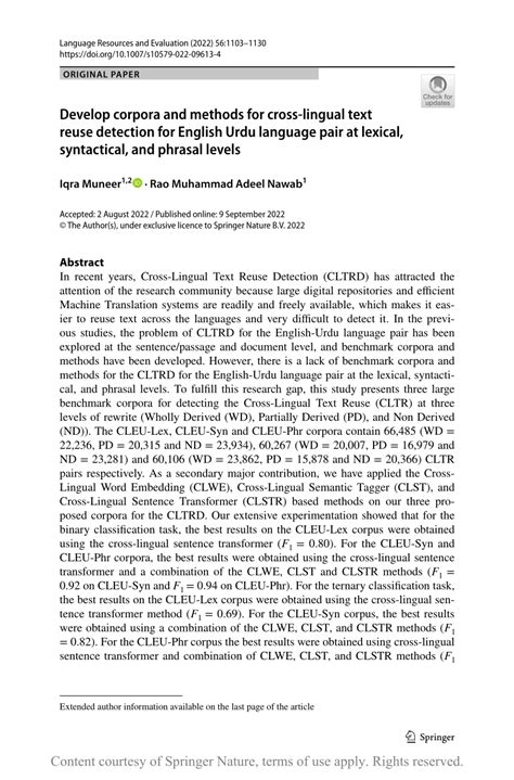 Develop Corpora And Methods For Cross Lingual Text Reuse Detection For English Urdu Language