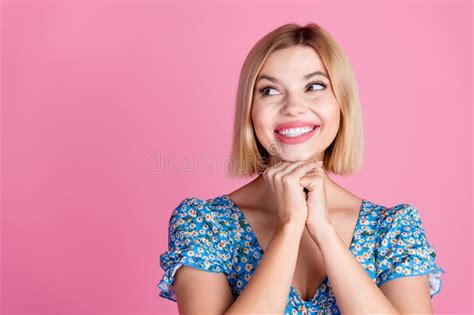 Photo Of Pretty Young Girl Look Empty Space Think Wear Top Isolated On