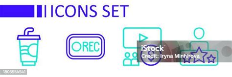 세트 라인 배우 스타 스크린이 있는 시네마 오디토리움 녹화 버튼 및 종이 유리 물 아이콘 벡터 Premiere에 대한 스톡 벡터 아트 및 기타 이미지 Istock