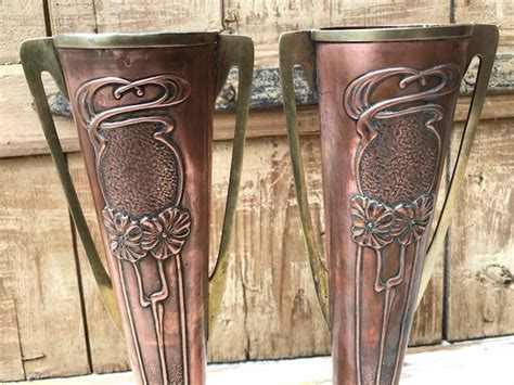 Pair Copper Beldray Art Nouveau Vases With Brass Handles Etsy
