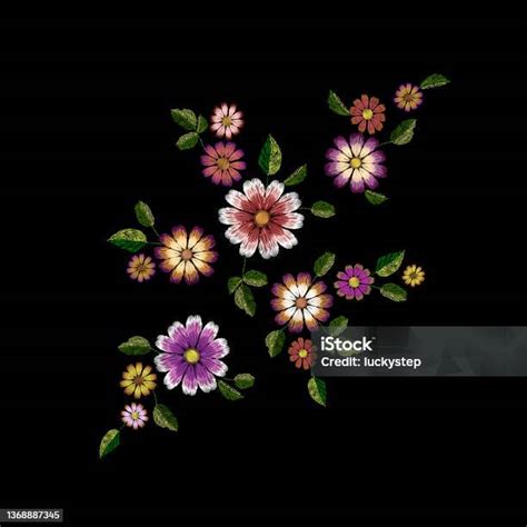 자 수 여름 꽃 패션 패치입니다 현실적인 질감 디자인 서식 파일입니다 화려한 꽃 데이지 Gerbera 의류 인쇄 장식 벡터 일러스트 레이 션 0명에 대한 스톡 벡터 아트 및