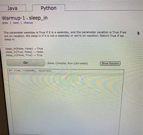Solved Java Python Warmup 1 Sleep In Prev Next Chance The Chegg