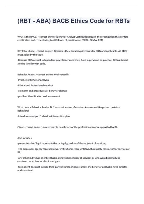 Rbt Aba Bacb Ethics Code For Rbts Correctly Solved Rated A Latest Update 2023 2024 Bacb
