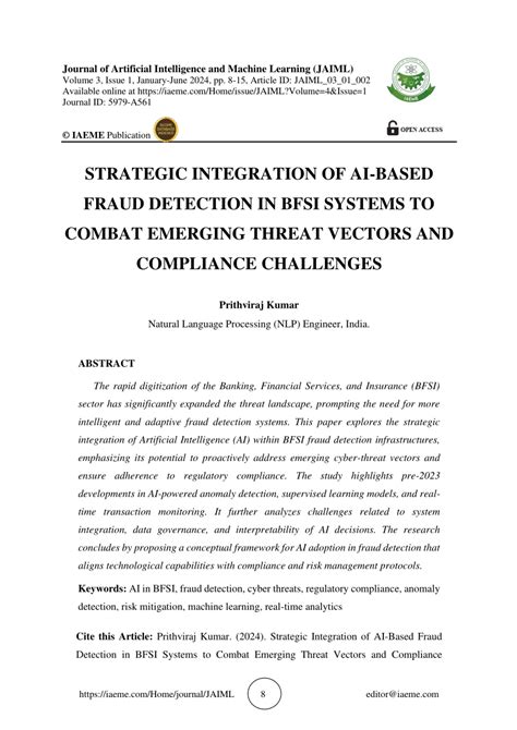 Pdf Strategic Integration Of Ai Based Fraud Detection In Bfsi Systems