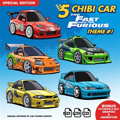 5 Chibi Cars The Fast And The Furious Theme Hot Wheels Design Hot