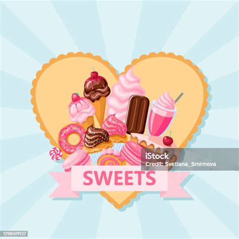 파란 배경에 과자 달콤한 가게 배너 만화 음식 아이콘 도넛 아이스크림 머핀 밀크 쉐이크 마카롱과 핑크와 초콜릿 토핑 사탕 벡터 일러스트레이션 0명에 대한 스톡 벡터 아트 및