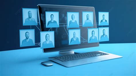 사람의 얼굴이 있는 컴퓨터 바탕화면의 이미지 온라인 회의 파란색 배경이 있는 컴퓨터의 3d 그림 고화질 사진 사진 온라인 배경 일러스트 및 사진 무료 다운로드