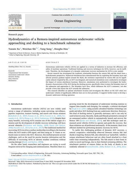 Pdf Hydrodynamics Of A Remora Inspired Autonomous Underwater Vehicle Approaching And Docking
