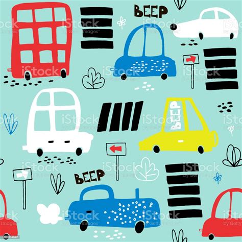 손으로 그린된 귀여운 자동차와 함께 완벽 한 패턴입니다 만화 자동차도 표지판 얼룩말 횡단 벡터 일러스트 레이 션 아이 직물 섬유