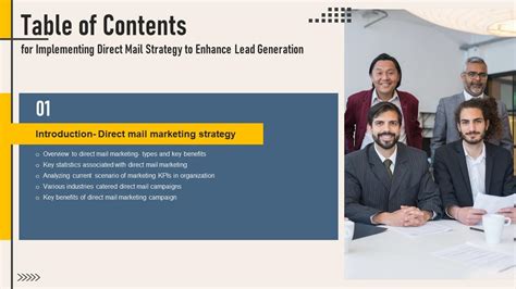 Table Of Contents For Implementing Direct Mail Strategy To Enhance Lead Generation Ppt Example