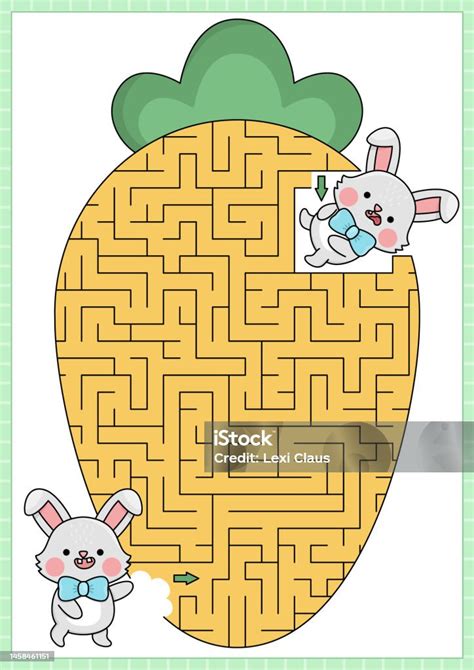 아이들을 위한 부활절 미로 봄 휴가 유치원 인쇄 가능한 활동으로 귀여운 토끼가 큰 당근을 먹습니다 기하학적 미로 게임 또는 귀여운 캐릭터 전통 야채와 퍼즐 0명에 대한 스톡