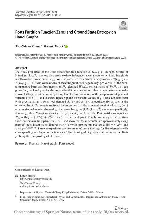 Potts Partition Function Zeros And Ground State Entropy On Hanoi Graphs Request Pdf
