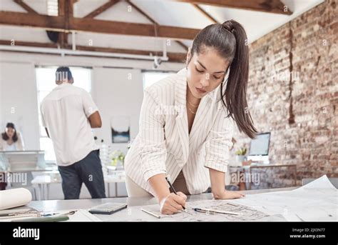 Architecture Young Woman And Designer Planning Building Blueprint Construction Project And