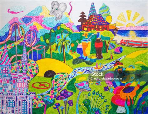 화려한 꿈 세계의 손으로 그린 그림입니다 컬러 펜 그리기입니다 롤러코스터에 대한 스톡 벡터 아트 및 기타 이미지 롤러코스터 추상적인 공작새 Istock