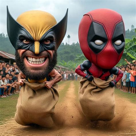 An Realistic Caricature Image Featuring Enragged Wolverine And Deadpool Participating In A Sack