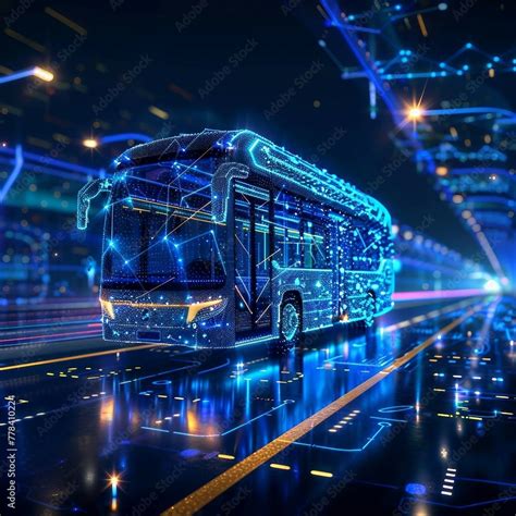 Digital Smart Bus With Glowing Data Streams Artificial Intelligence In Public Transportation