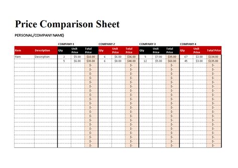 Excel Price Sheet Template