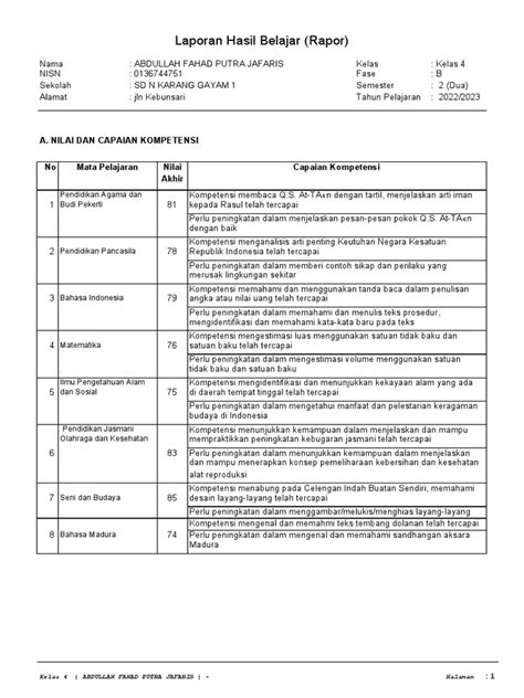 Raport Kumer Kelas 4 Pdf