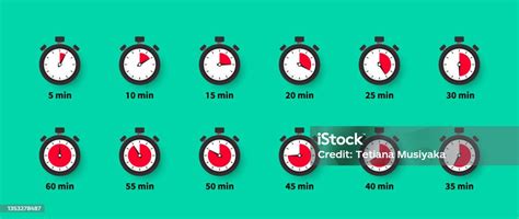 스톱워치 아이콘 세트입니다 타이머 크로노미터 카운트다운 5분에서 60분까지 라벨 조리 시간 빨간색 으로 칠한 시간 의미와 스포츠 시계 벡터 그림입니다 Eps 10 분침에