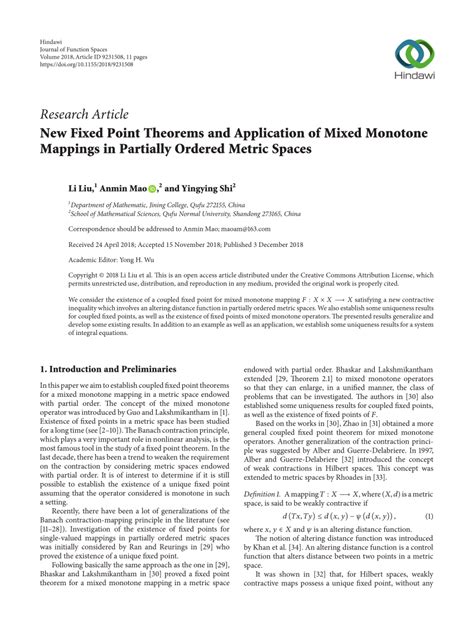 Pdf New Fixed Point Theorems And Application Of Mixed Monotone Mappings In Partially Ordered