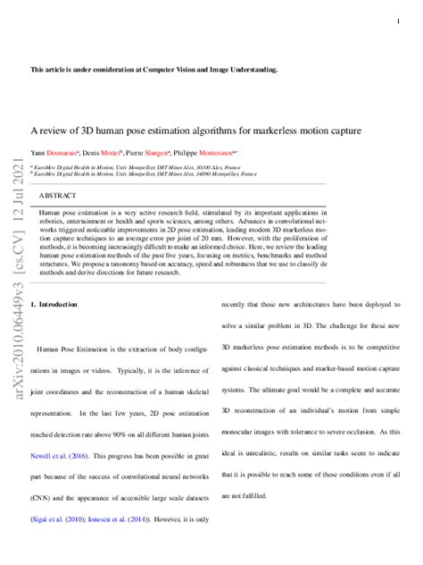 Pdf A Review Of 3d Human Pose Estimation Algorithms For Markerless Motion Capture
