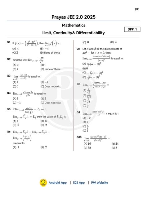 Limit Continuity And Differentiability Dpp 01 Of Lec 02 Prayas Jee 2 0 2025 Pdf