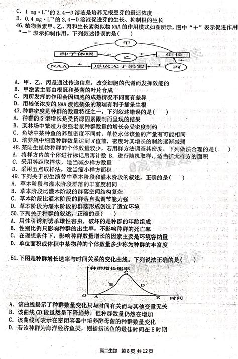 2021宁夏吴忠中学高二期末生物试题及参考答案 高考直通车