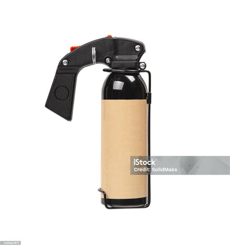 흰색 배경에 분리된 대형 스프레이캔 블랙 스프레이 병 컬러 버튼 자기 방어를위한 후추 스프레이 분무에 대한 스톡 사진 및 기타 이미지 Istock