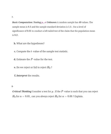 Solved 7 Basic Computation Testing μσ Unknown A Random