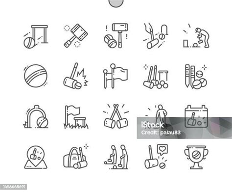 크로켓 스포츠 게임 공 망치 후프 못 코너 플래그 크로켓 대회 픽셀 완벽한 벡터 얇은 선 아이콘입니다 간단한 최소 픽토그램 스포츠 크리켓에 대한 스톡 벡터 아트 및 기타