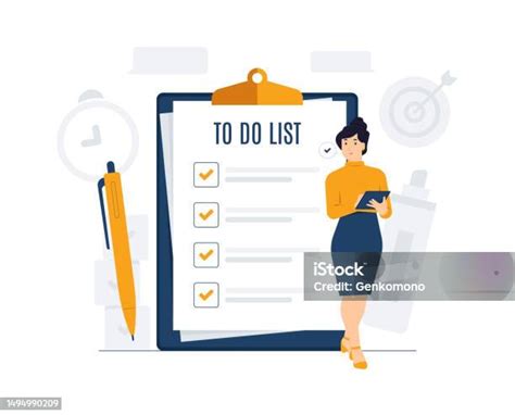 할 일 목록 작업 관리 계획 우선 순위 시간 관리 사업가는 매일 일을 하고 메모장에 체크리스트를 적어 계획을 세운다 성취에 대한 스톡 벡터 아트 및 기타 이미지 Istock