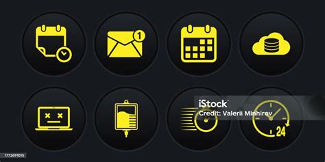 죽은 노트북 클라우드 데이터베이스 Iv 가방 스톱워치 캘린더 및 새로 만들기 이메일 수신 메시지 아이콘을 설정합니다 벡터 0명에