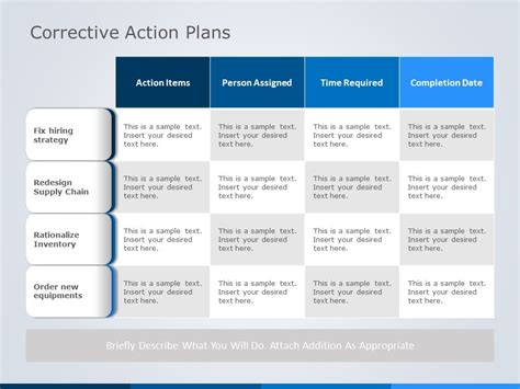 Blue And Gray Corrective Action Plan Table For Strategy Implementation Slide Template