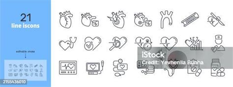 심장학 라인 아이콘 세트입니다 심장 심전도 스텐트 대동맥 심장 박동기 심근 경색 혈압계 홀터 모니터 리듬 약물 진단 메스 수술 벡터 일러스트 레이 션 편집 아이콘에 대한