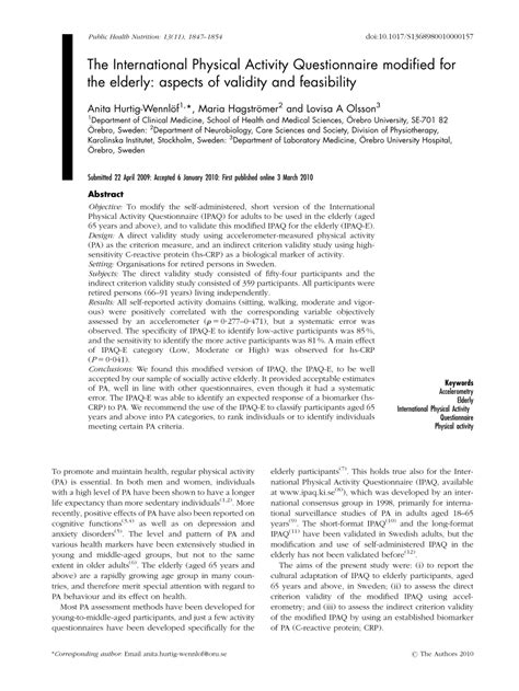 Pdf The International Physical Activity Questionnaire Modified For The Elderly Aspects Of