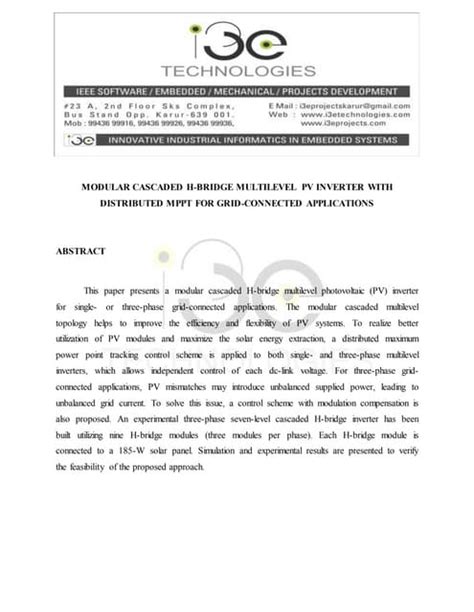 Modular Cascaded H Bridge Multilevel Pv Inverter With Distributed Mppt