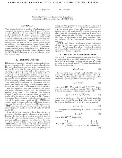 Pdf An Hmm Based Cepstral Domain Speech Enhancement System