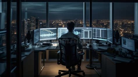 A Trader Sits At A Table In The Office Behind Monitors Generative Ai Stock Illustration