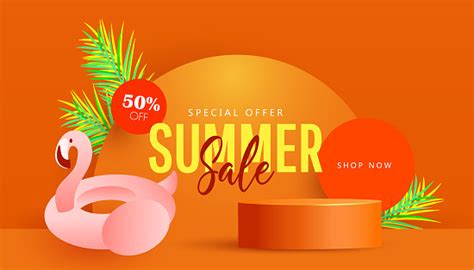 밝은 여름 세일 배너 디자인 배경플라밍고 열대 야자수 잎 오렌지 색 배경에 화장품을위한 미니멀 한 제품 연단 벡터 일러스트레이션