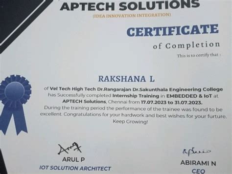 Internship 15days Aptechsolutions Embeddedsystem Rakshana L