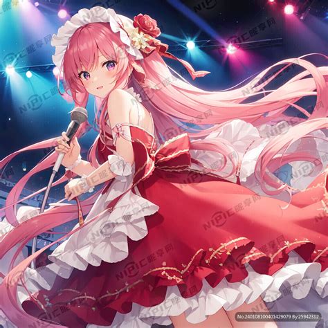 Ai创作图穿着粉色长裙的长发少女 站在舞台中央拿着麦克风唱歌 台下观众欢呼 灯光璀璨 昵图网